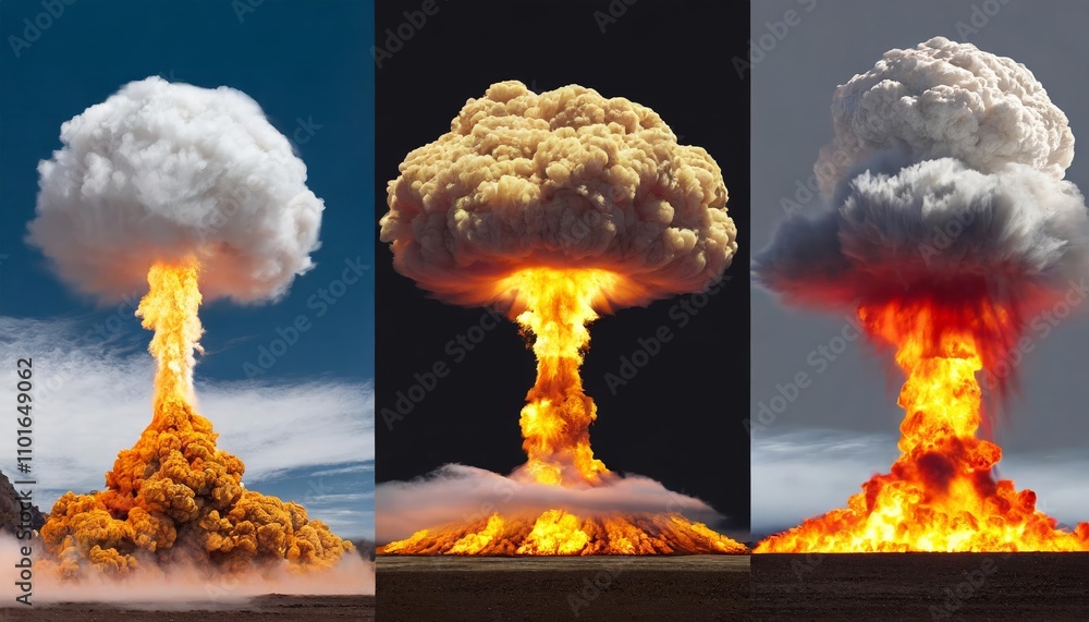 Spectacular Set of Nuclear Explosions and Mushroom Clouds Isolated on ...