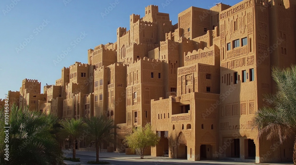 Sunlit mud-brick buildings in Diriyah, Riyadh, with earthy textures ...