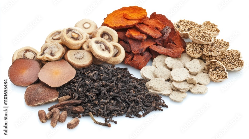 Assorted Chinese medicinal herbs displayed on a white surface ...