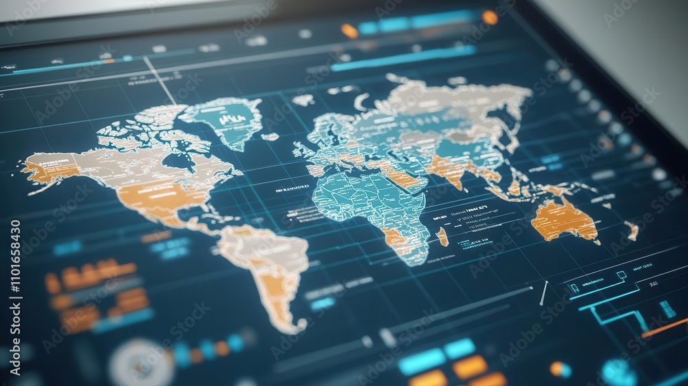 Strategic advisor showing potential market entries, global data on an ...