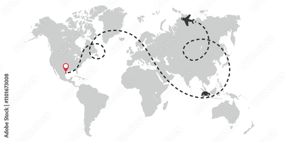 World map with dashed travel routes and location pins in blue and black ...