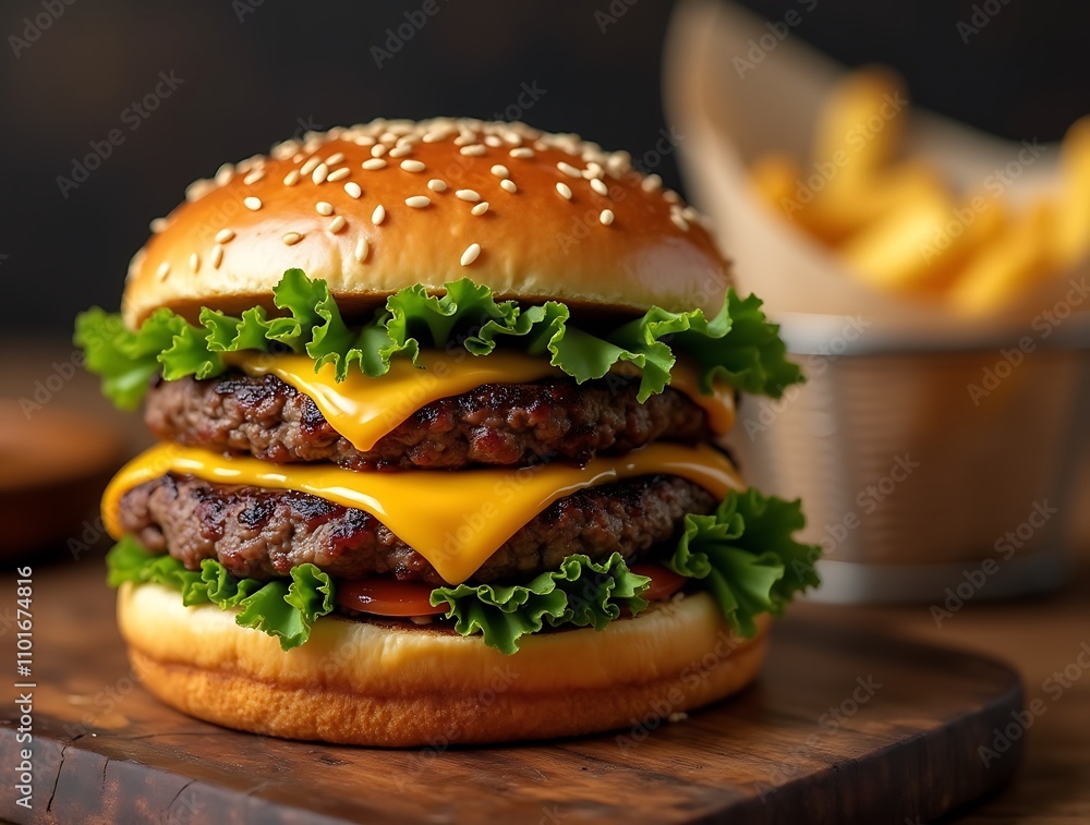 Side view double cheeseburger with grilled beef patties cheese and ...