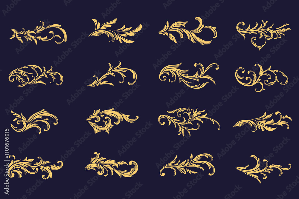 Set of vintage golden arabesque decorative elements. Vector baroque, filigree, flourish ...