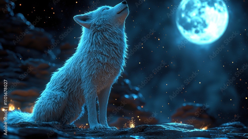 Wolf Howling at the Moon: A lone white wolf sits on a rocky outcrop, its head tilted back as it ...