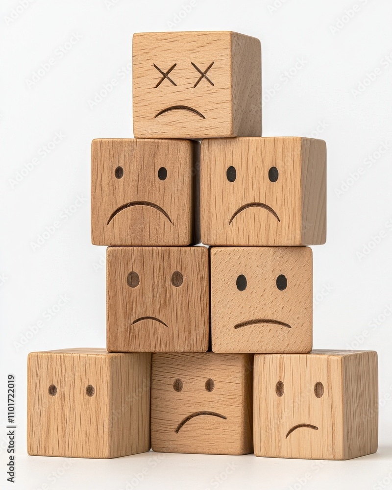 A pyramid of wooden blocks with sad and one dead face, symbolizing ...