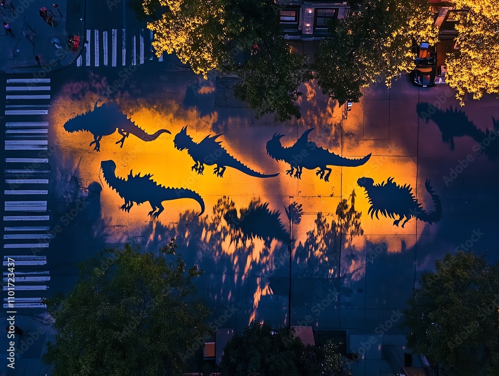 Aerial view of a street art installation featuring silhouettes of ...