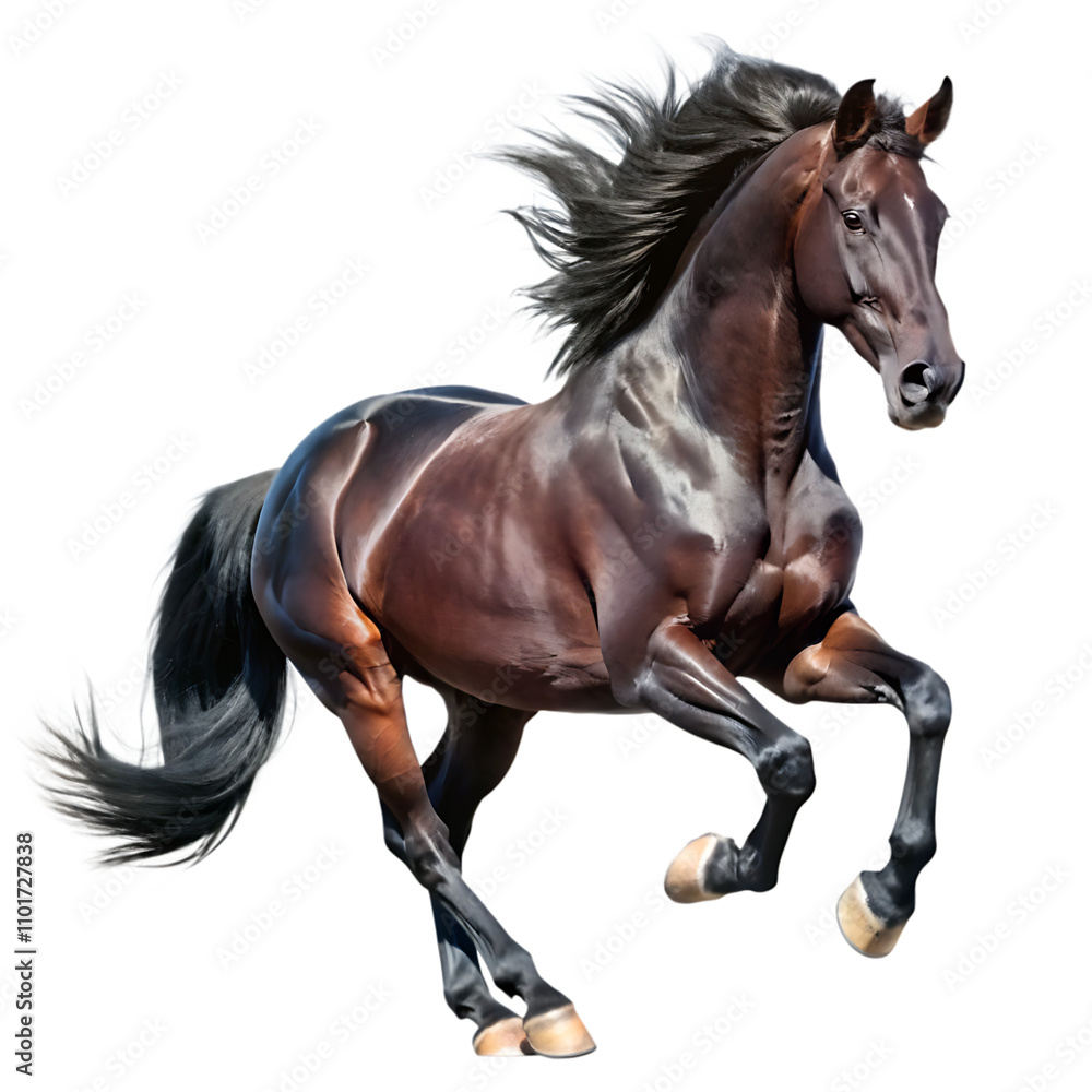 Handsome black stallion galloping, jumping. isolated on white ...