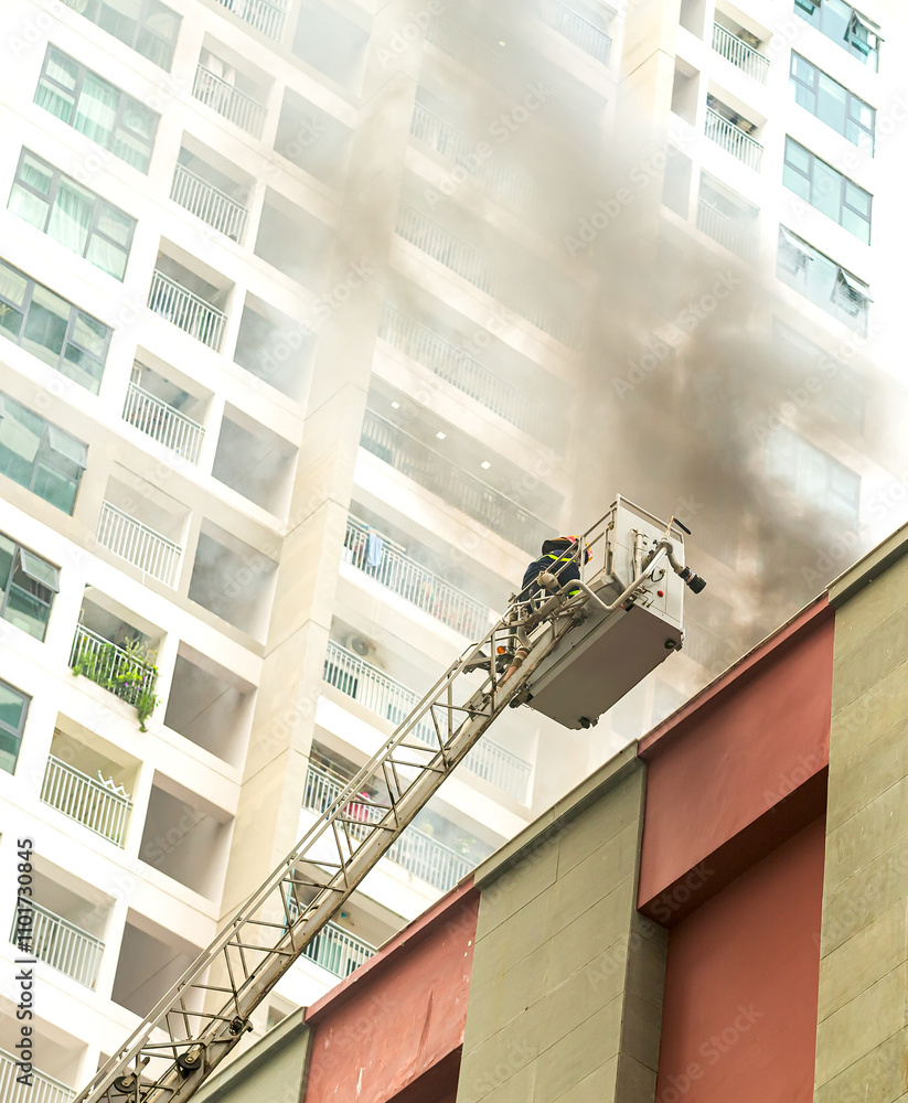 Fire and rescue drill in Nha Trang, Vietnam. Firefighters use different ...