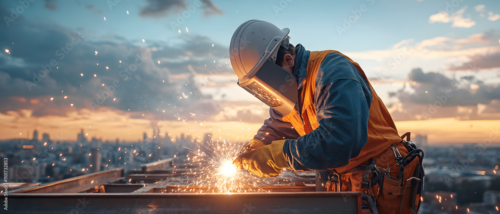 worker while doing a welding with arc welder welding or welding Sparks ...