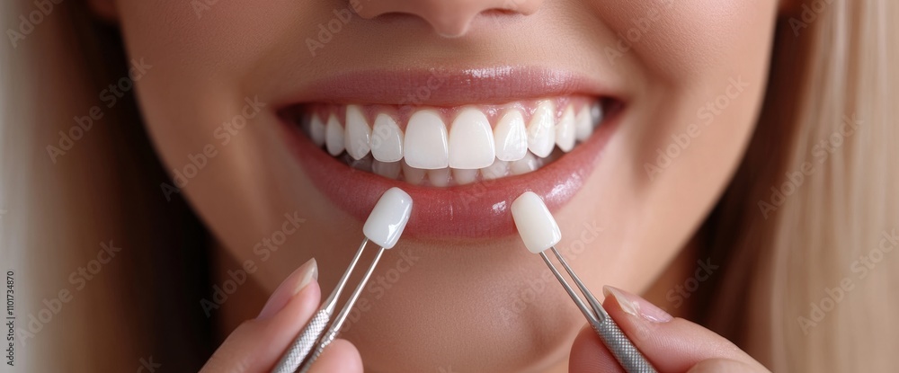 A woman highlights dental whitening choices while smiling, displaying ...