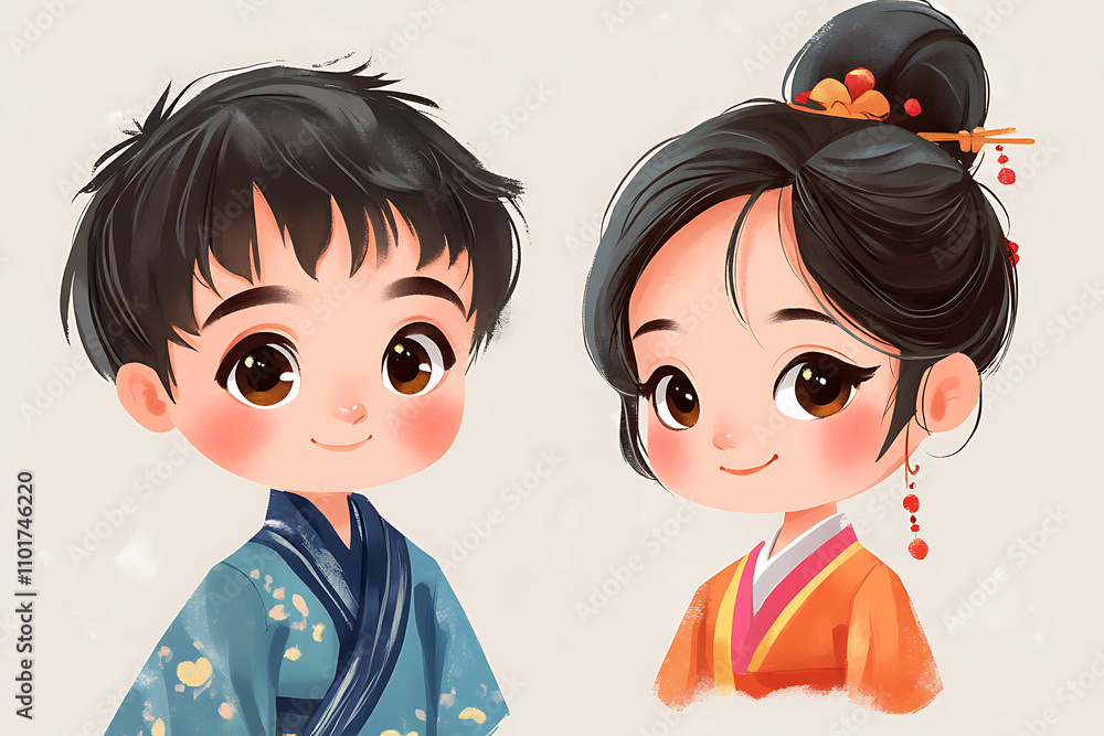Two cute cartoon characters in traditional attire, showcasing cultural ...