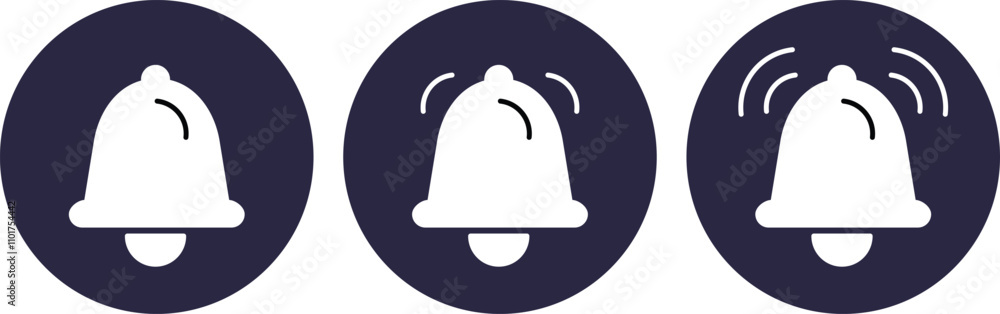 Notification ringing bell icon set on black circle. White icons ...