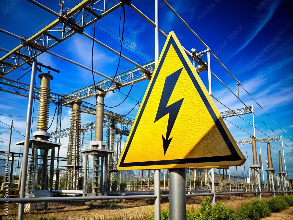 High Voltage Yellow Warning Sign in Panoramic View with Clear Blue Sky ...