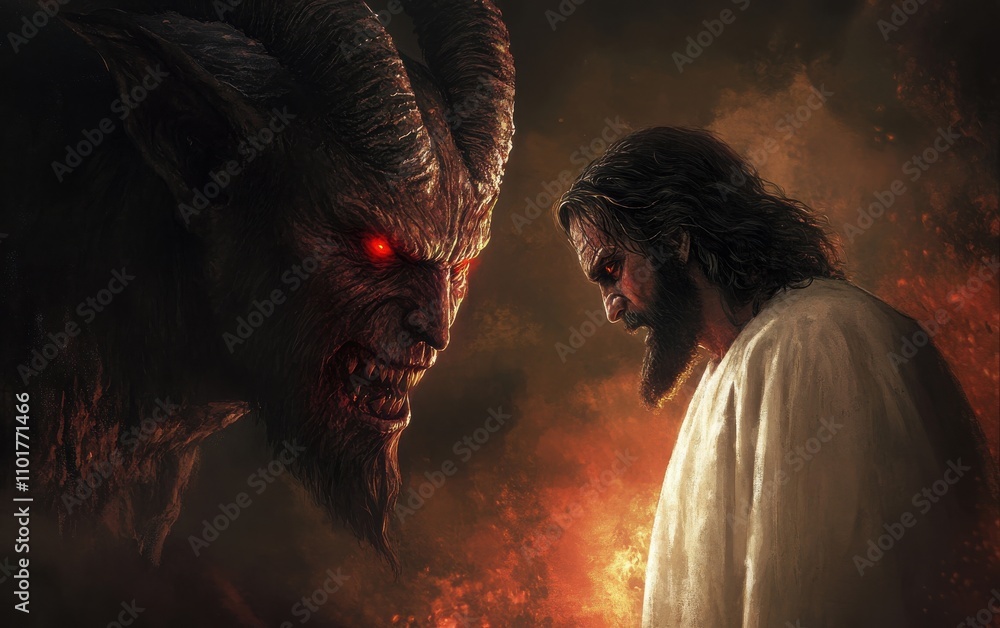A dramatic, hyper-realistic image of Jesus confronting the devil ...