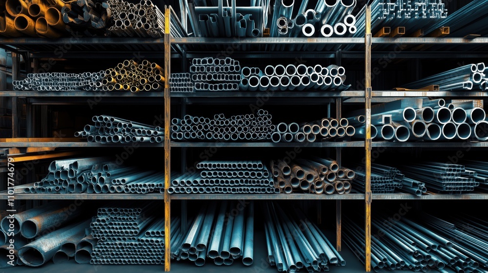 Industrial Metal Pipe Storage in Warehouse Shelves Featuring Various ...