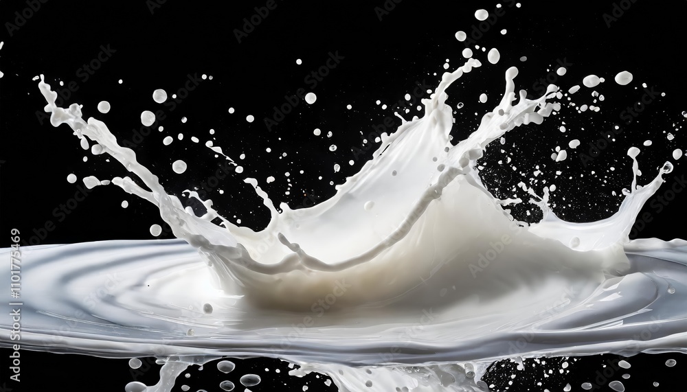 Dynamic white milk wave splash with splatters and drops, isolated on a ...