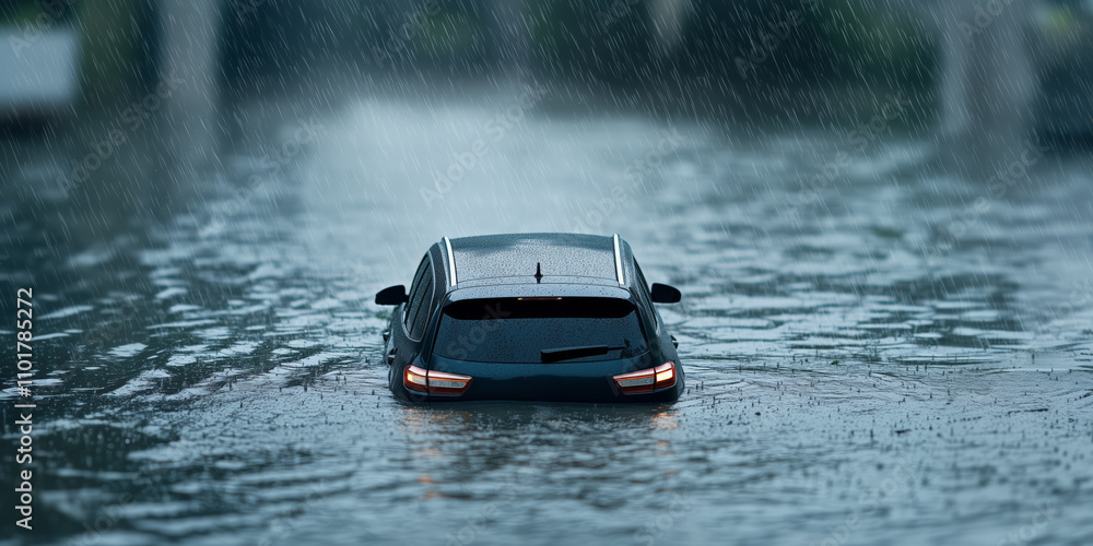 Car submerged in floodwater during heavy rainfall, with visible ...
