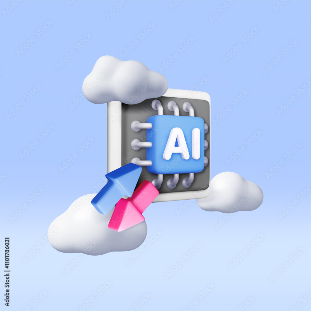 3d AI Chip with arrows in clouds. Render artificial intelligence ...