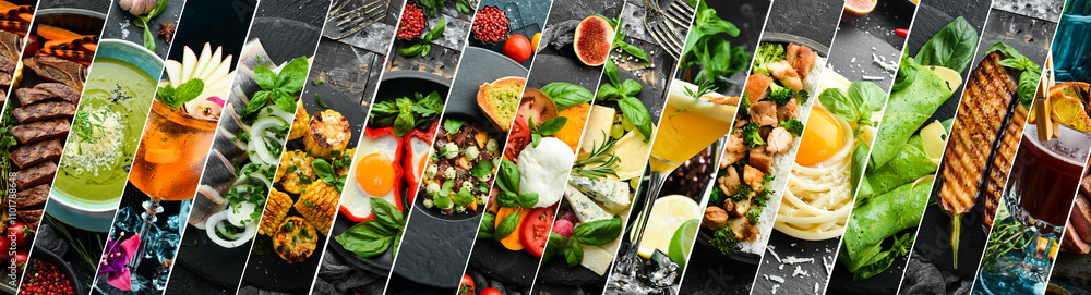 Food collage. Set of food drinks and dishes in plates. Wide horizontal ...