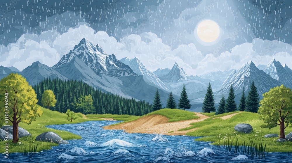 The water cycle, depicted as a continuous loop of evaporation ...