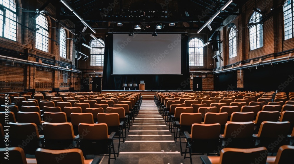 Spacious college lecture hall featuring a large projector screen and arranged seating for ...