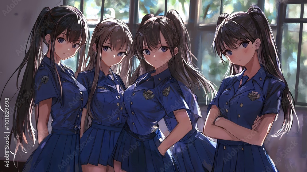 Four anime girls in blue uniforms pose together indoors, near a window ...