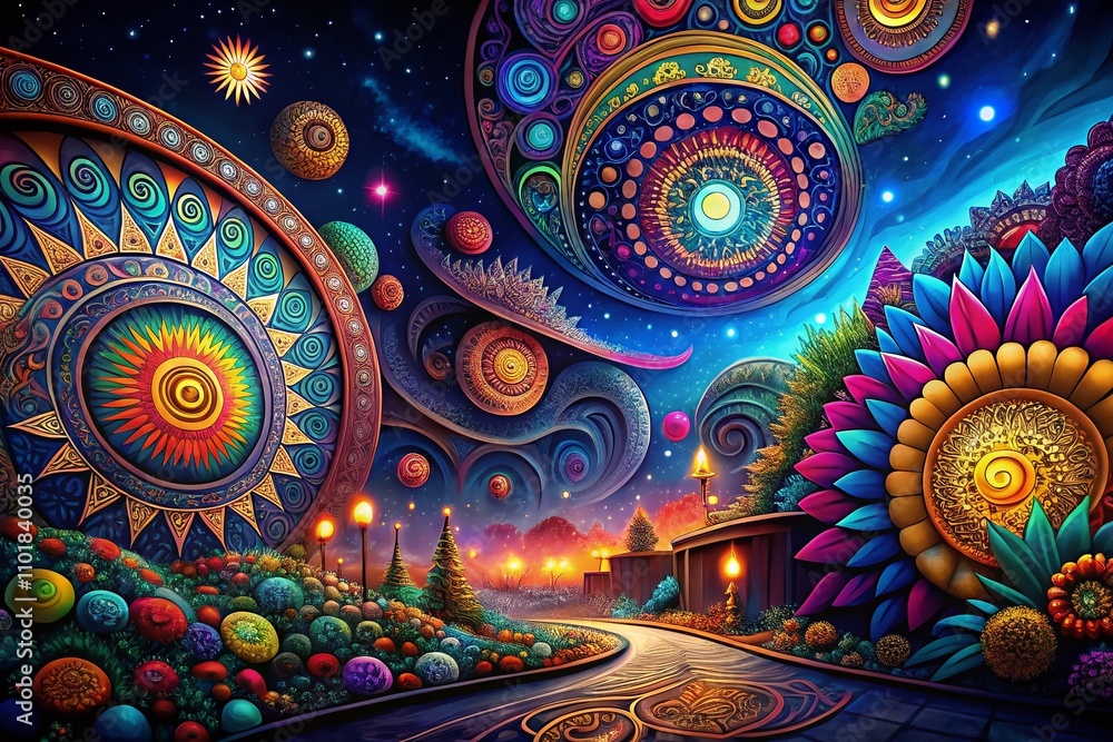Night Photography of Trippy Zentangle Patterns in Groovy Colors for ...