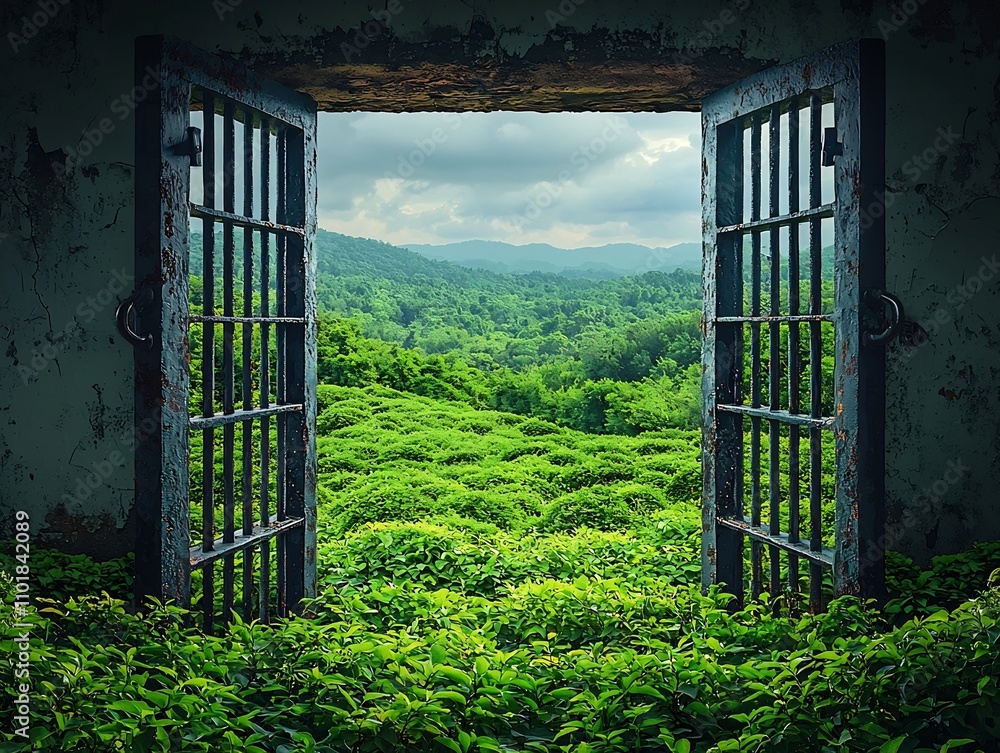 Futuristic Prison Cell Door Opens to Reveal Lush Green Landscape ...
