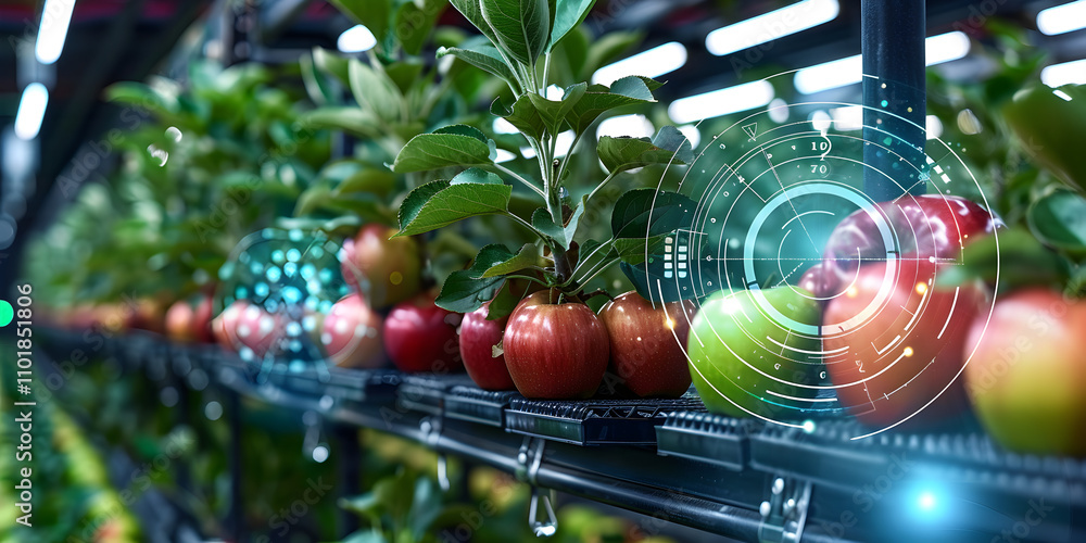 Orchard filled with apple trees, holographic data showing tree growth ...