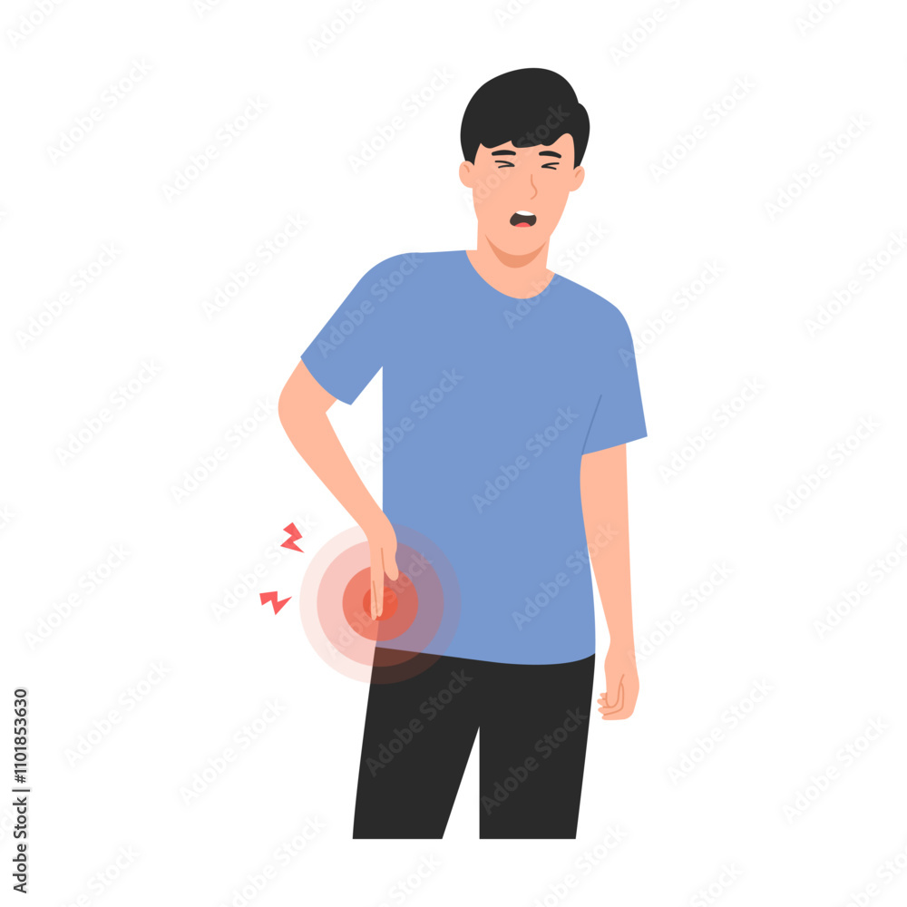 Man hip joint pain. Male with hip injury. holding their hip and ...