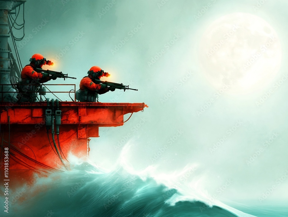 Offshore security guards stationed at the edge of a platform observing ...