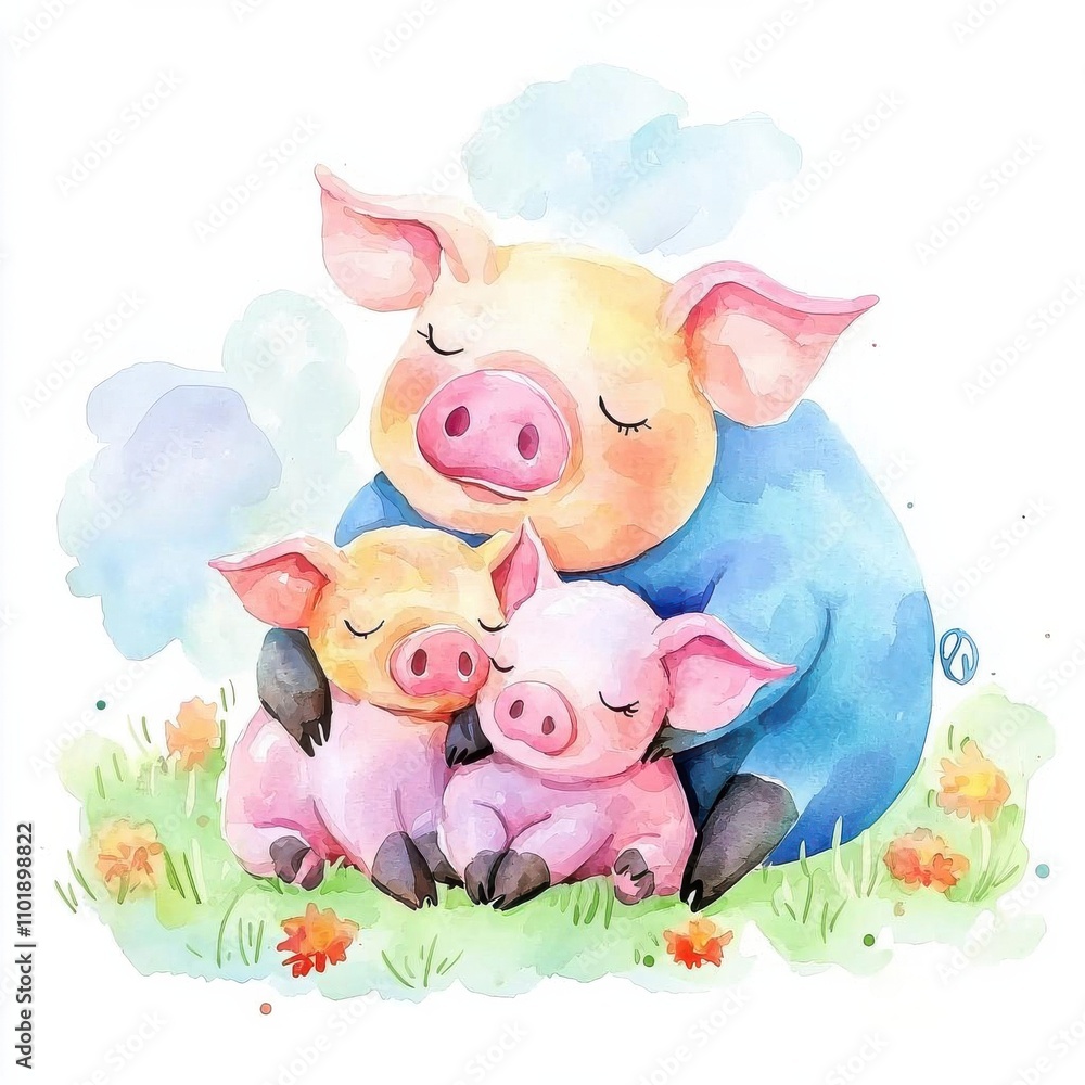 Watercolor illustration clipart of a mother pig with a group of piglets ...