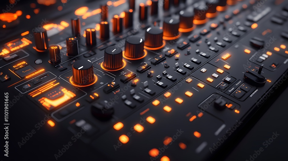 Audio mixer console photographed in dramatic orange lighting, showing ...
