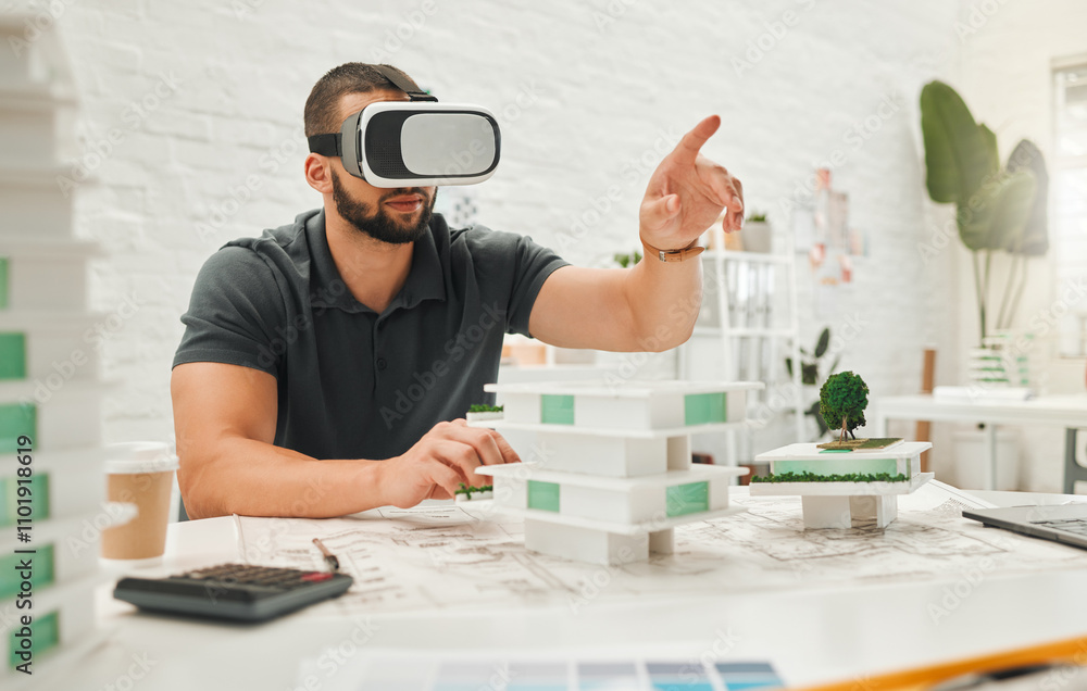 Businessman, architect and vr headset in office for building design ...
