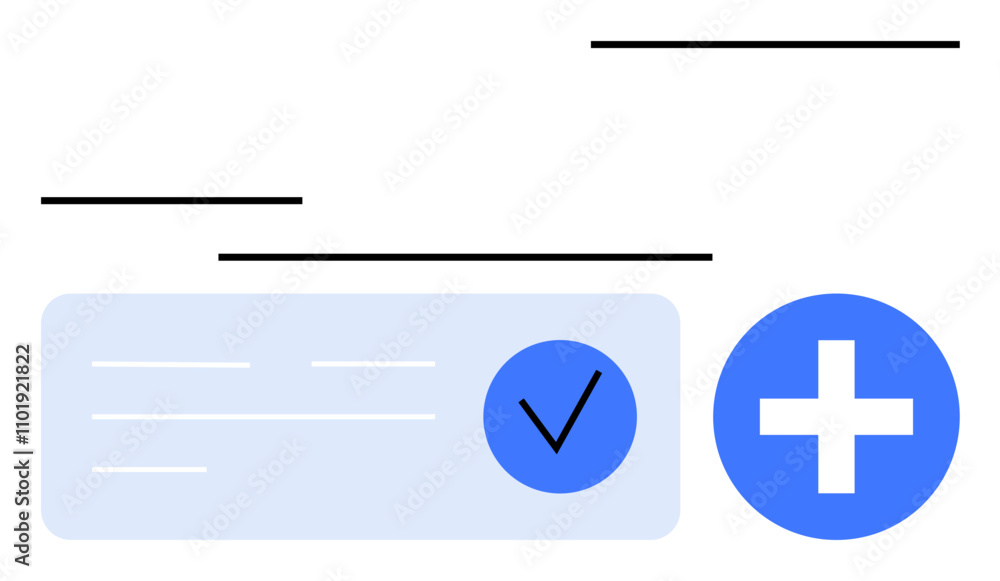 Blue checkmark inside a circle next to a plus sign in a circle over a ...