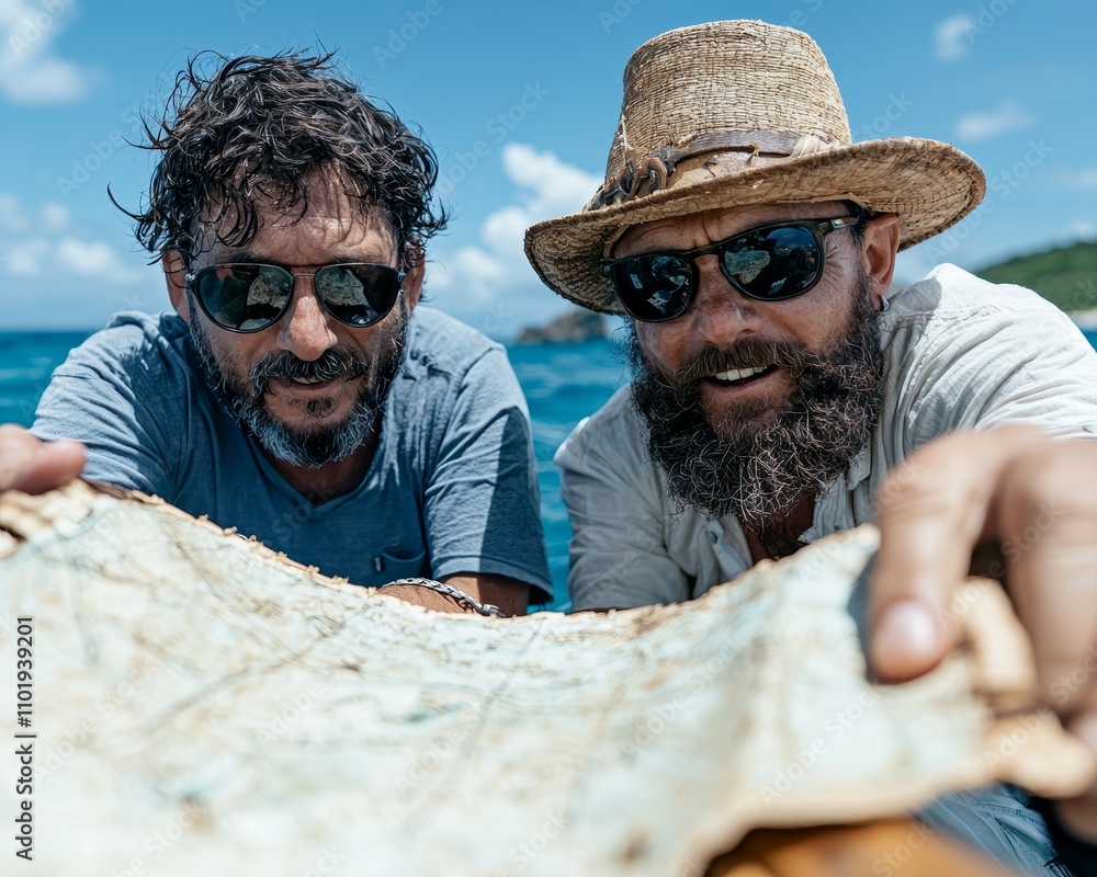 Pirates using an old treasure map to find hidden riches on a deserted ...