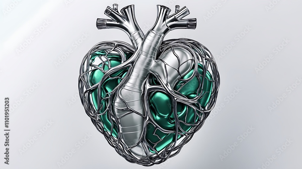 Educational cardiovascular system map with silver and emerald green ...