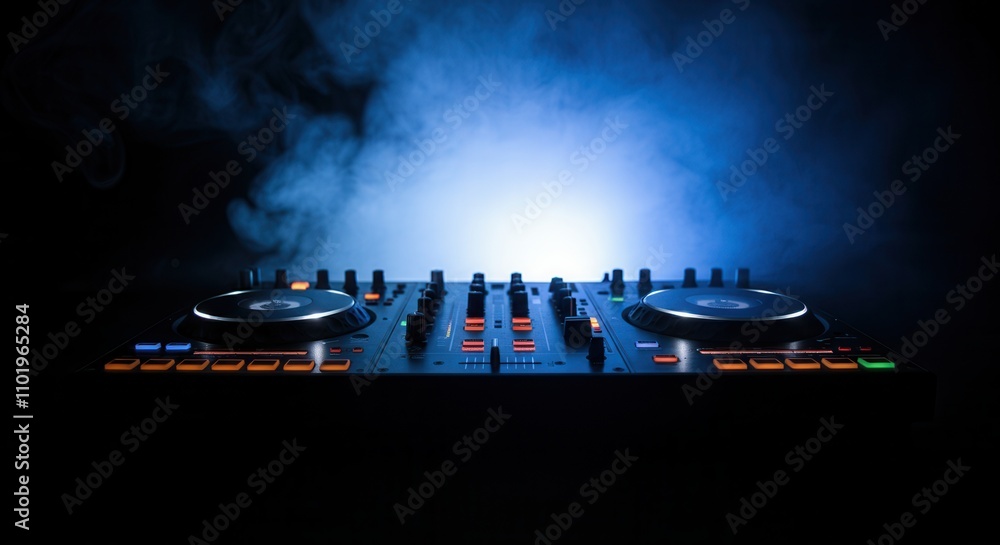 Atmospheric nightclub dj controller setup with vibrant backlight Stock ...