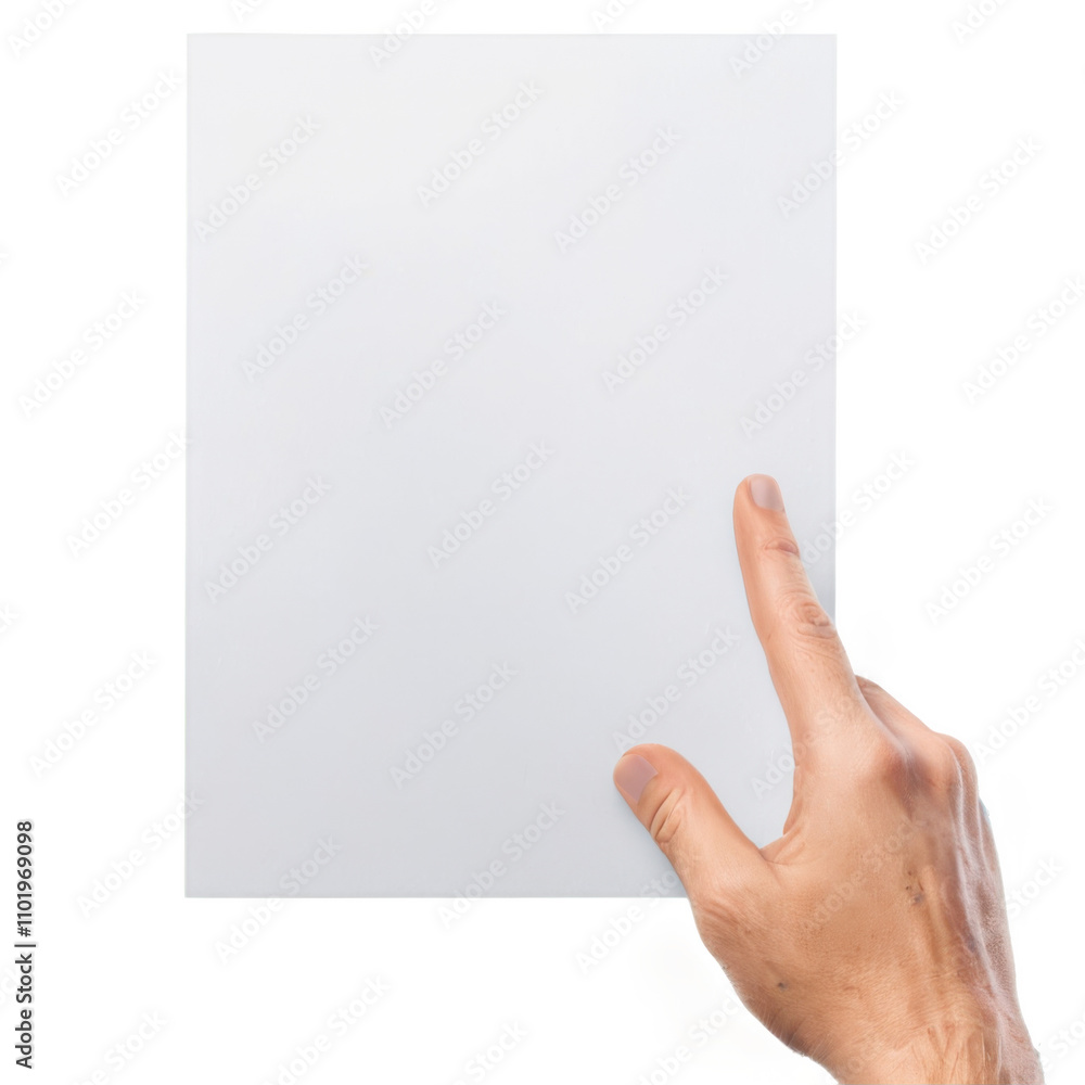 Hand holding tilted blank white paper on transparent background with ...