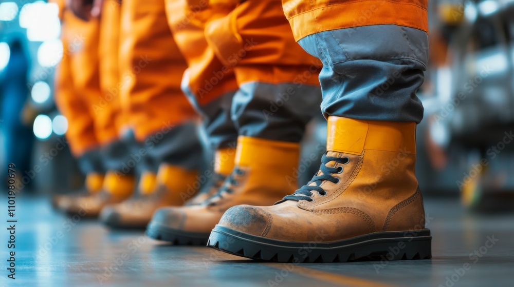 Close-up photos of Factory workers wearing safety shoes and working ...