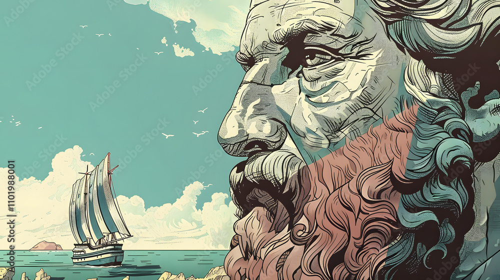 Odysseus old greek hero on his odyssey with his ship, anicent greek ...