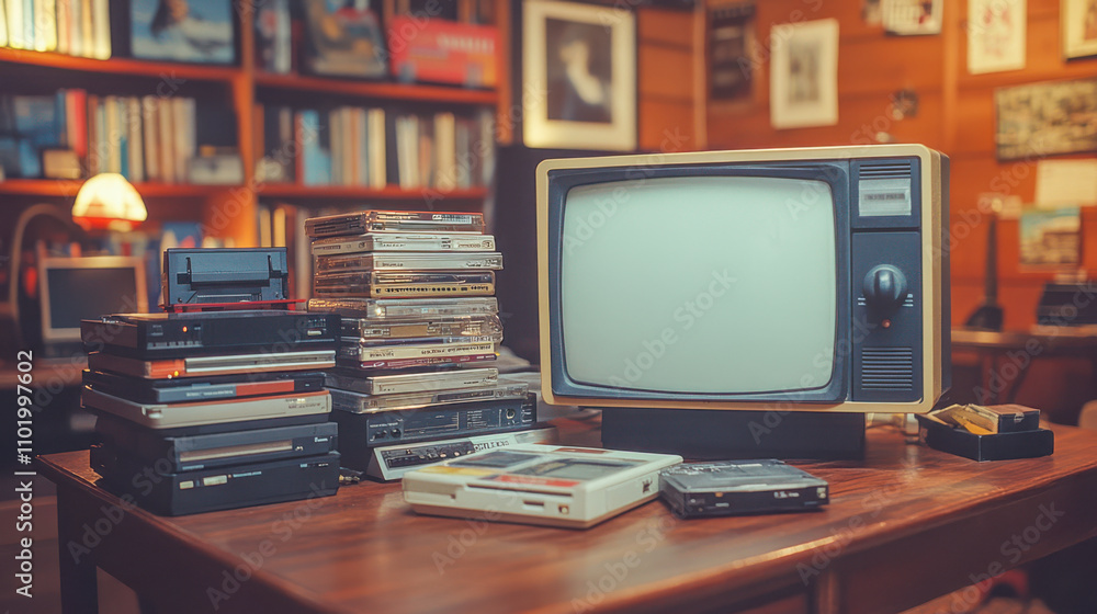 Vintage crt tv with vhs and cassette tapes in cozy retro room Stock ...