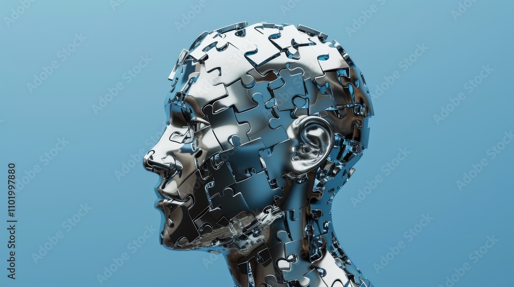 A chrome-finished human head made from puzzle pieces, depicted in a ...