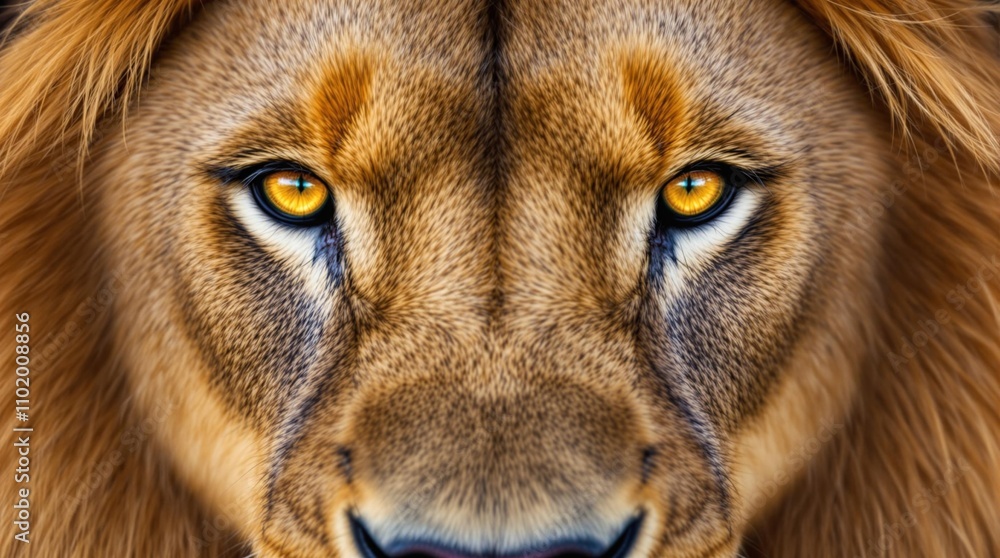 Symmetrical close-up of a lion's face with golden fur and piercing ...