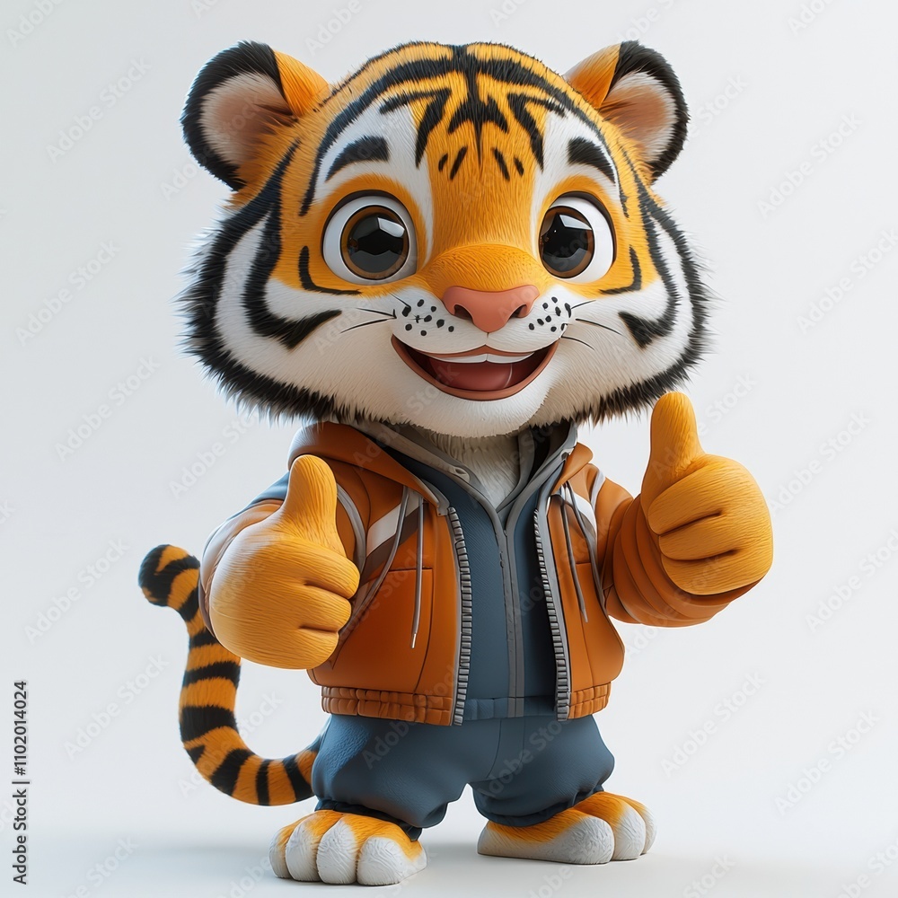 Thumbs Up Tiger: A cute, cartoon tiger cub gives a thumbs up, wearing a ...