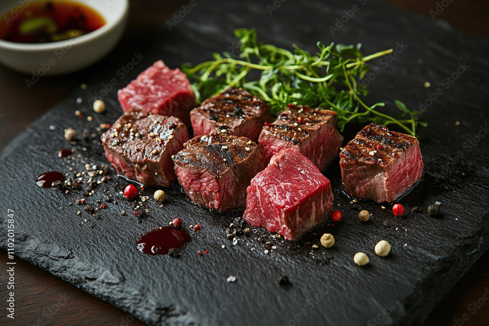 Arbled japanese beef cuts displayed on dark stone surface. Stock Photo ...