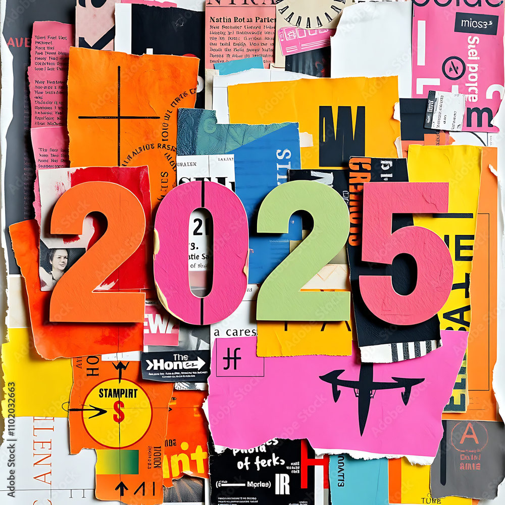 2025' created with torn paper layers of vibrant textures, combining ...