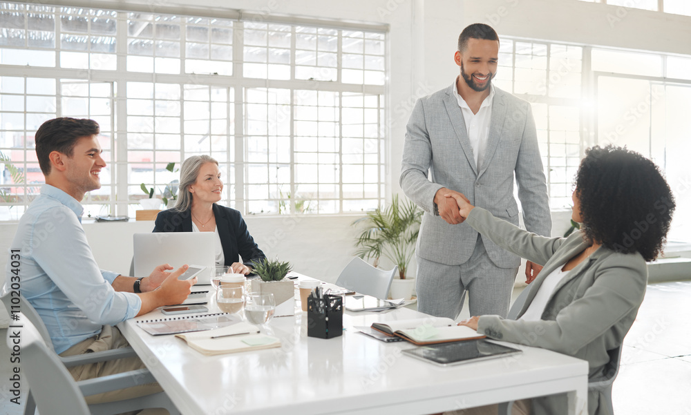 Meeting, business people and group shaking hands for welcome, greeting ...