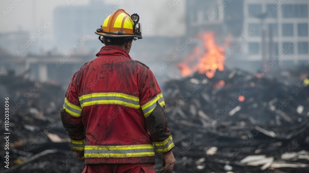 Firefighter dousing flames from gas explosion urban scene action shot ...