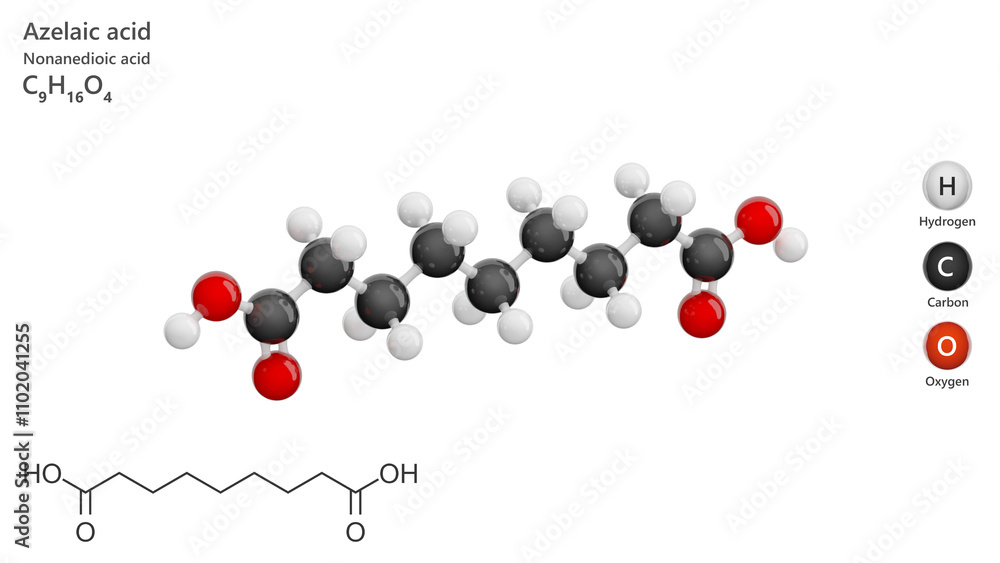 Molecule: Azelaic Acid or Nonanedioic acid. Molecular structure ...